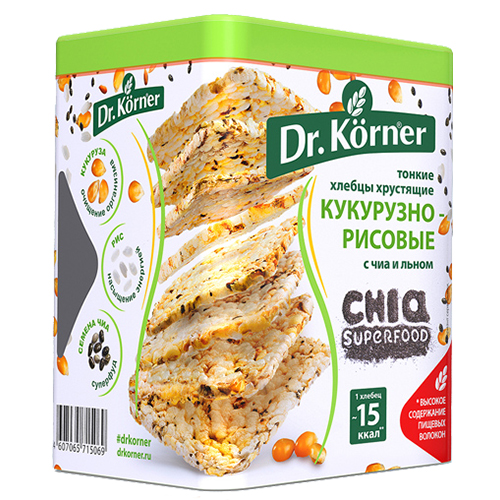Купить Хлебцы тонкие Dr.Korner, кукурузно-рисовые с чиа и льном, 100 гр ...
